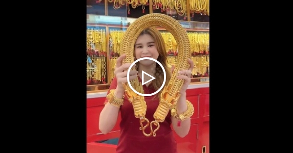 Clip: Cô gái gây sốc khi khoe dây chuyền vàng khổng lồ nặng 7kg, giá 17 tỷ đồng