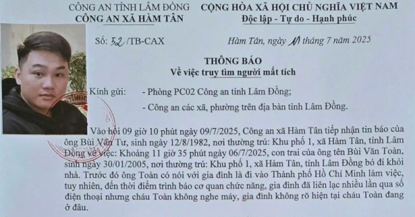 Truy tìm Bùi Văn Toàn mất tích sau 5 ngày không liên lạc được