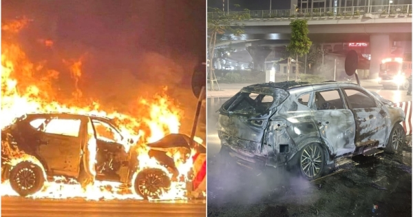Madaz CX5 đâm vào dải phân cách, bốc cháy trơ khung ở Hải Phòng
