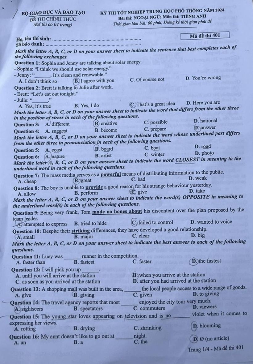 Đáp án môn Tiếng Anh thi tốt nghiệp THPT 2025 toàn bộ mã đề
